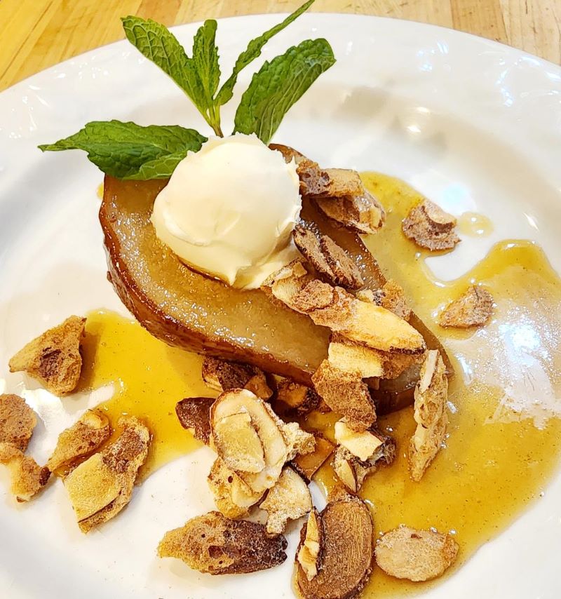 Amaretto Roasted Pears with Almond Crunch - Charlotte's Texas Hill Country